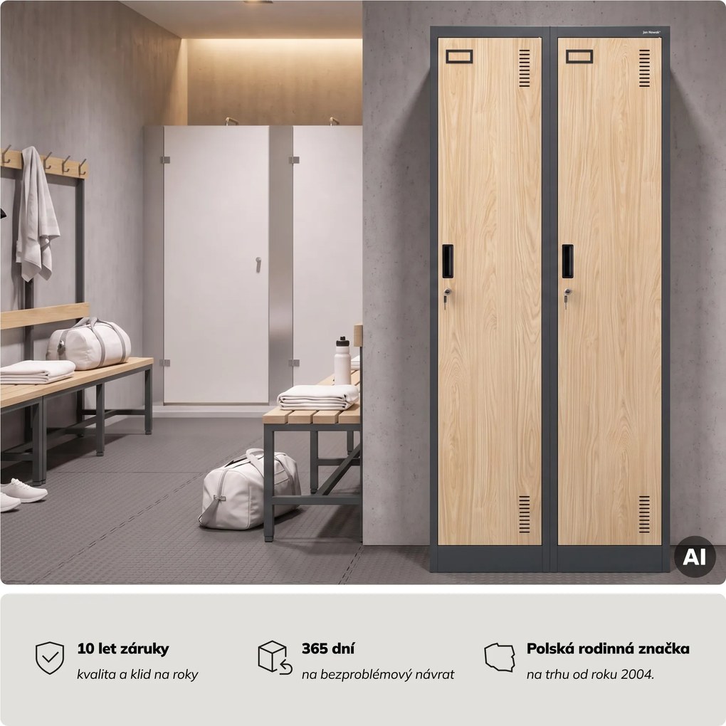 Zaměstnanecká skříňka čtyřkomorová antracitová/dub sonoma, 800x1800x500 mm: KACPER Eco Design