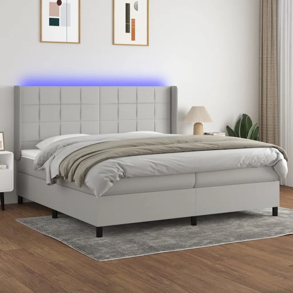 Box spring postel s matrací a LED světle šedá 200x200 cm textil