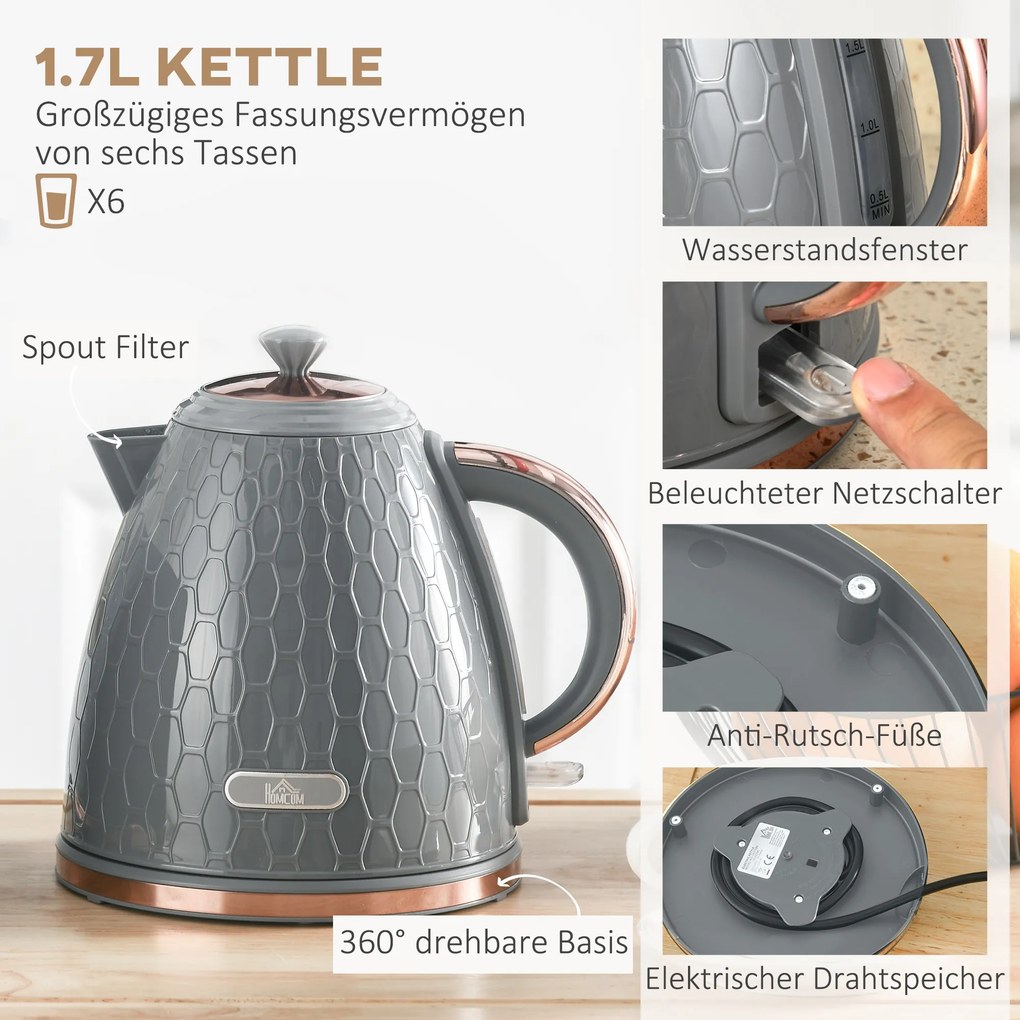 HOMCOM 2v1 kuchyňská sada, toustovač a rychlovarná konvice, různé možnosti, 1,7 l, 4 krajíce toastu najednou, plast, šedá