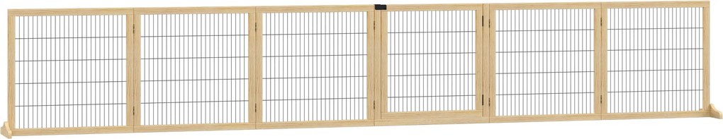 PawHut Nastavitelná bezpečnostní brána pro psy s nohama 432 x 70 cm dřevěná bariéra pro psy skládací brána pro schody, dveře, chodby, 6 panelů, přírod