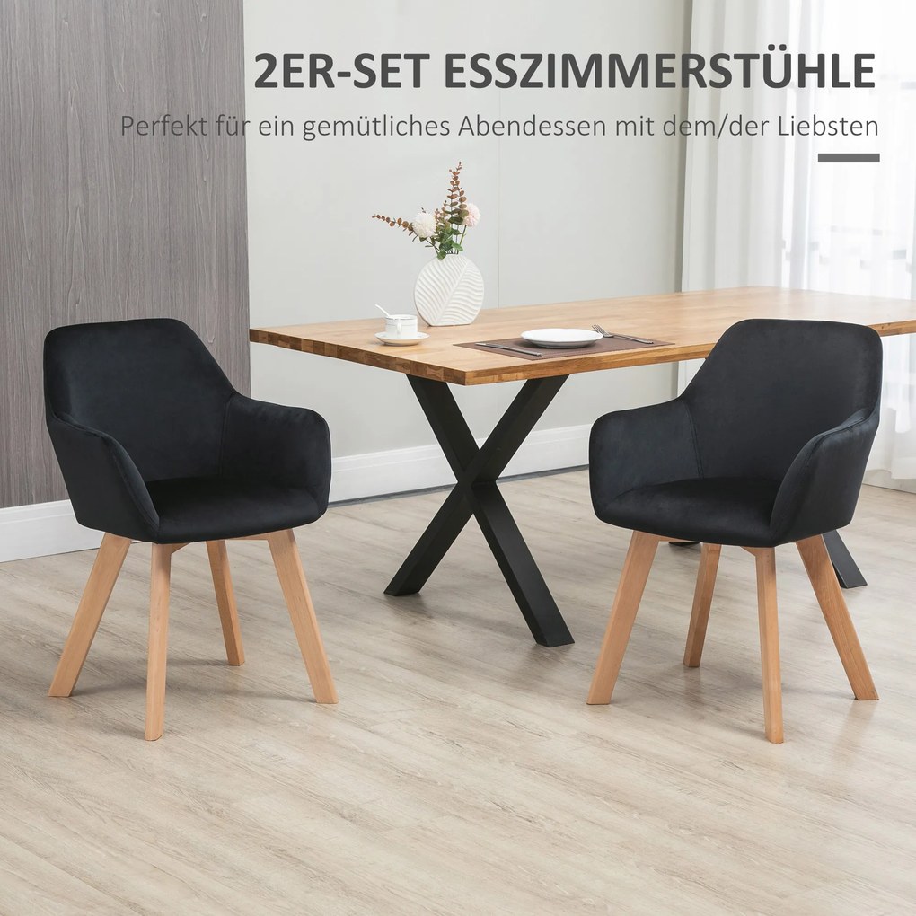 HOMCOM Sada 2 ergonomických kuchyňských židlí s prodlouženými područkami a opěradlem, nosnost do 120 kg, polyester a dřevo, černá 54x57x80 cm | Aosom…