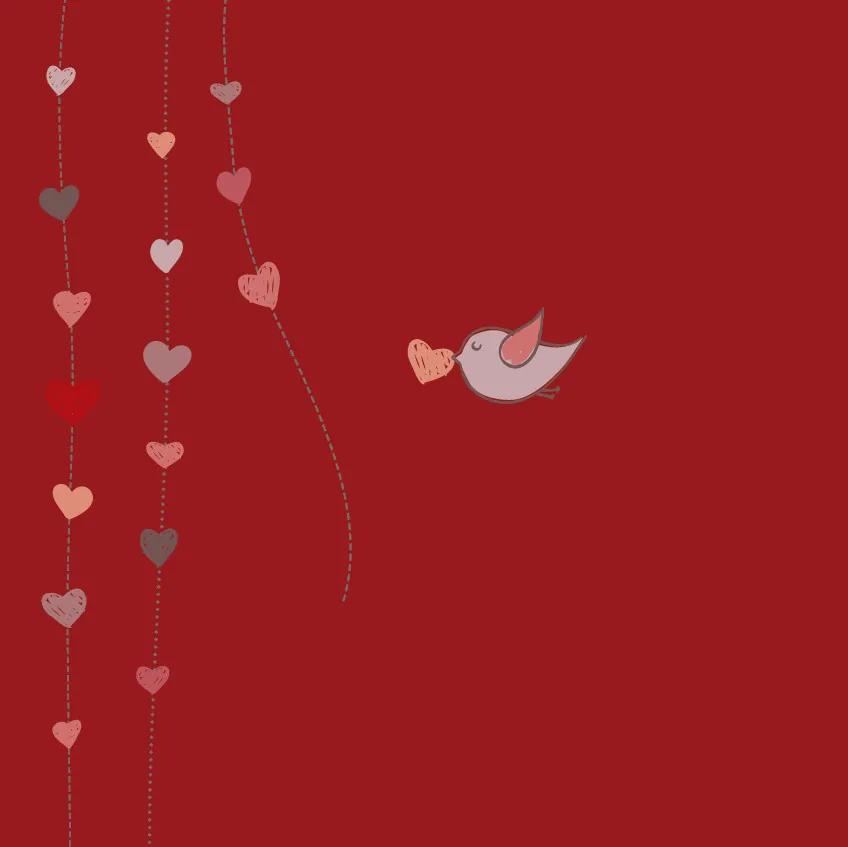 Romantický motiv zamilovaného ptáčka na červeném pozadí