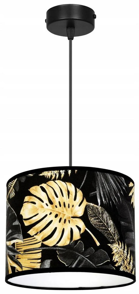 Závěsné svítidlo Gold Flowers, 1x černé textilní stínítko s květinovým vzorem