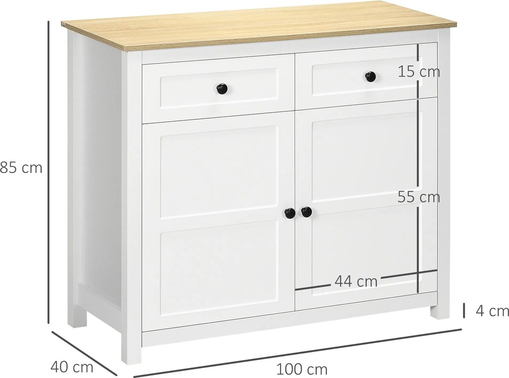 HOMCOM Bufetová Skříň pro Obývací Pokoj a Kuchyň s 2 Dveřmi, Nastavitelnou Výškou Police, 2 Zásuvkami 100 x 40 x 85 cm v Bílém a Dřevěném Provedení