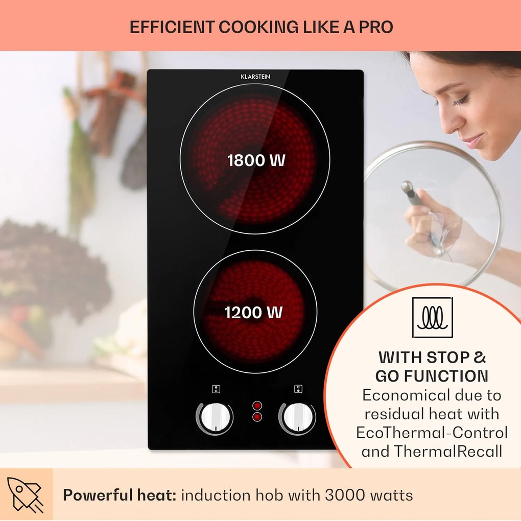 Klarstein EasyCook Domino, sklokeramická varná deska, 3000 W, otočný regulátor, černá