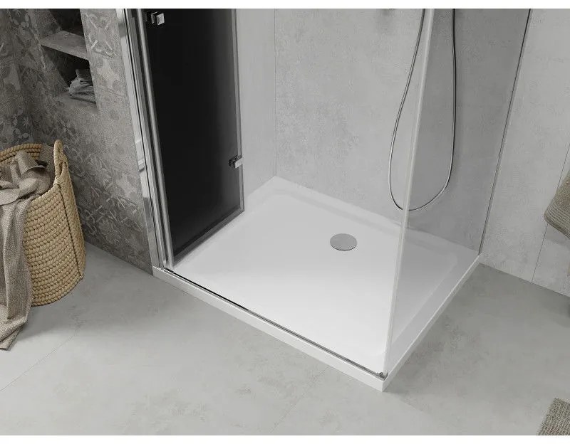 Mexen Lima, sprchový kout se skládacími dveřmi 70 (dveře) x 90 (stěna) cm, 6mm šedé sklo, chromový profil + slim sprchová vanička bílá + chromový sifon, 856-070-090-01-40-4010