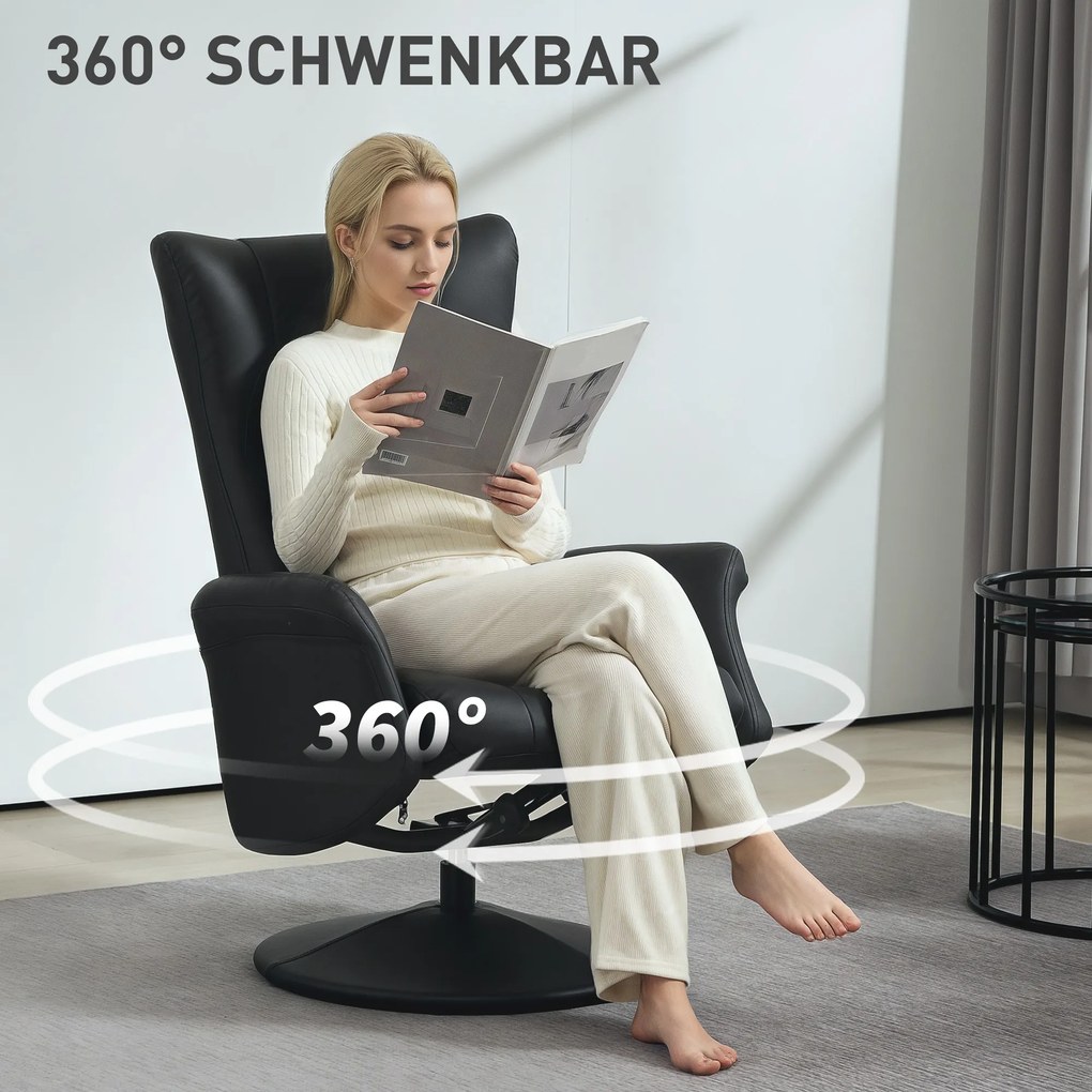 HOMCOM Relaxační křeslo s podnožkou - 360° otočné křeslo s funkcí sklopení, relaxační křeslo se sklopným opěradlem až do 150 kg nosnosti, umělá kůže,…
