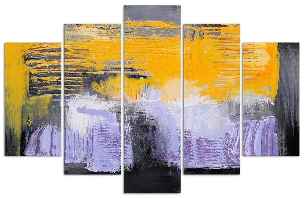 Obraz na plátně pětidílný Abstrakce Žlutá fialová - 200x100 cm
