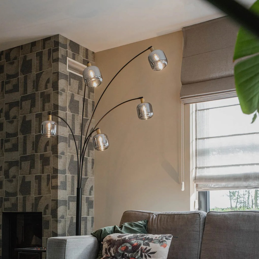 Stojací lampa černá se zlatem a kouřovým sklem 5-světlo - Zuzanna