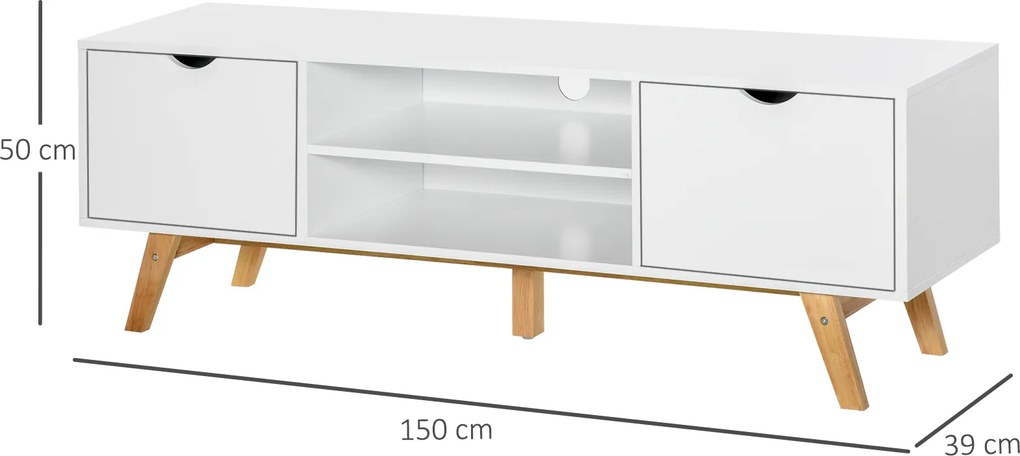 HOMCOM Moderní TV Stolek pro Televize do 65 palců s 2 Dveřmi, 2 Otevřenými Policemi a Dřevěnými Nohami 150x39x50 cm Bílý