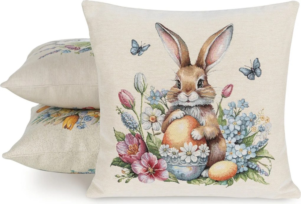 VELIKONOČNÍ GOBELÍNOVÝ DEKORAČNÍ POVLAK NA POLŠTÁŘ BUNNY 45X45 CM VZOROVANÝ