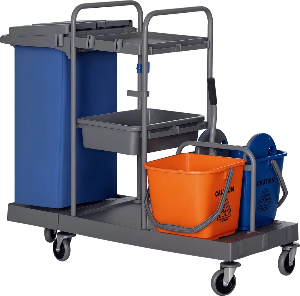 HOMCOM Úklidový vozík se sáčkem na odpadky, servisní vozík s 18L mopovými kybly, lisem a policemi pro hotely 111x63.3x103 cm Vícebarevný