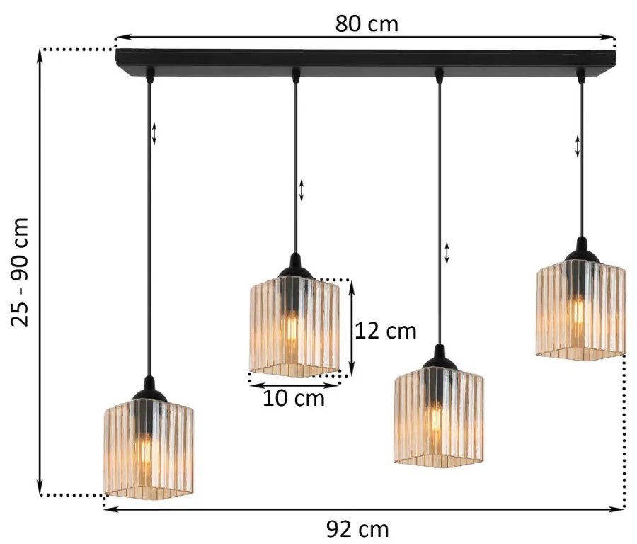 Závěsné svítidlo Riffle Square, 4x medové skleněné stínítko, b