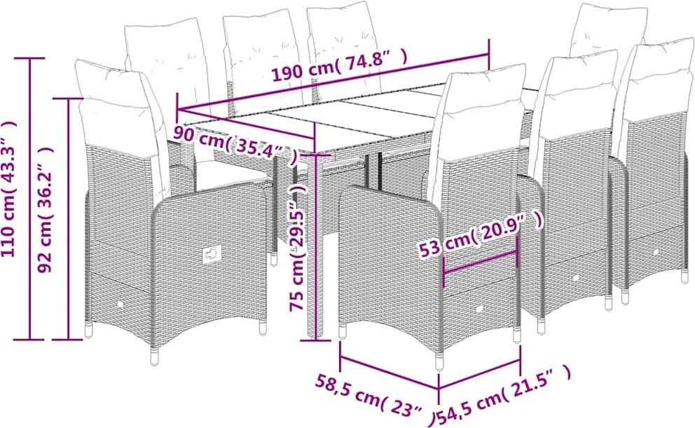 9dílný zahradní bistro set s poduškami černý polyratan 3276994