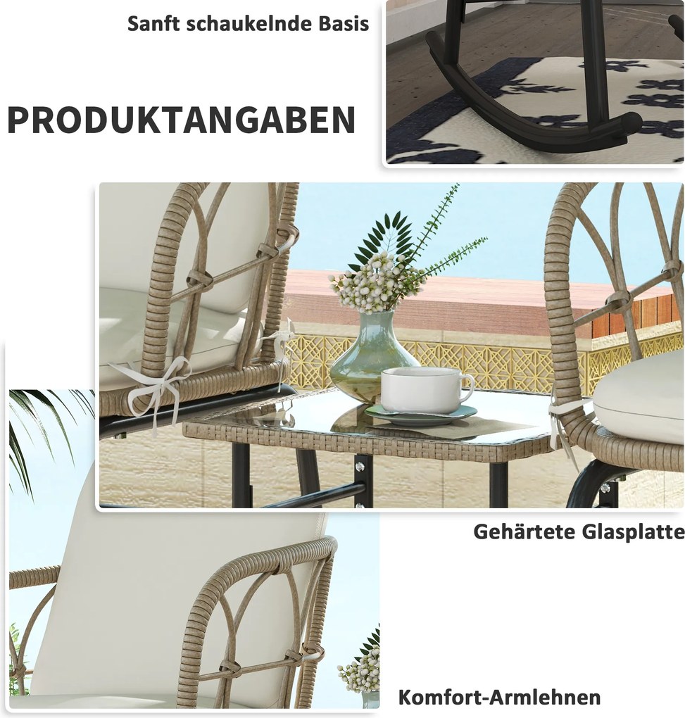 Outsunny 3dílná sada ratanových houpacích křesel se 2 houpacími křesly a 1 konferenčním stolkem, sada zahradního nábytku s polštáři na terasu a balkon