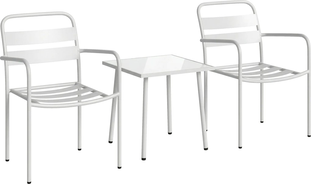 Bistro set 3dílná sada kovového zahradního nábytku se 2 zahradními židlemi, skleněný stůl, lamelový design, odolný proti korozi