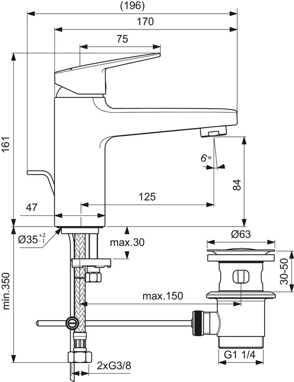 Ideal Standard Ceraplan - Umyvadlová baterie Grande s laminárním proudem s kovovou odtokovou garniturou, chrom BD232AA