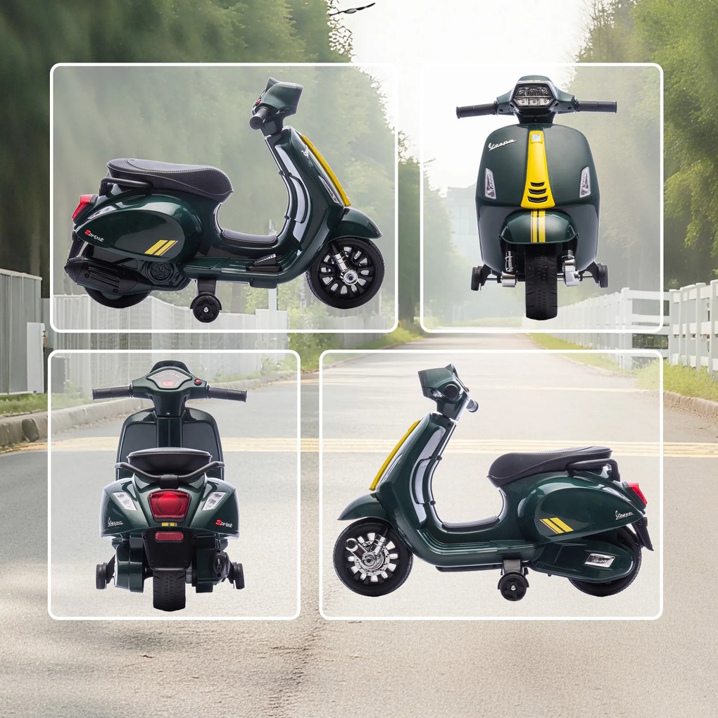 AIYAPLAY Dětská elektrická motorka s licencí Vespa, dobíjecí baterie 6V, pomocná kolečka a světlo, 2–6 let, tmavě zelená