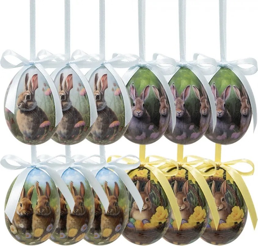 12ks dekorace závěsné vajíčko s králíčky Spring Egg - Ø 4*5 cm