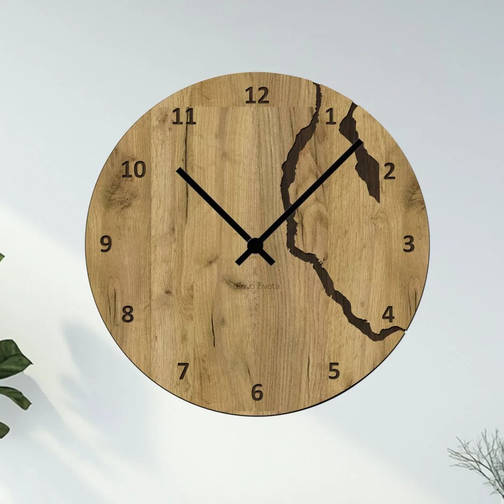 dřevo života Nástěnné hodiny ŘEKA Zvolte barvu dekoru: Antracit-Dub zlatý, Zvolte velikost hodin (cm): 40x40, Barva ručiček: Černé