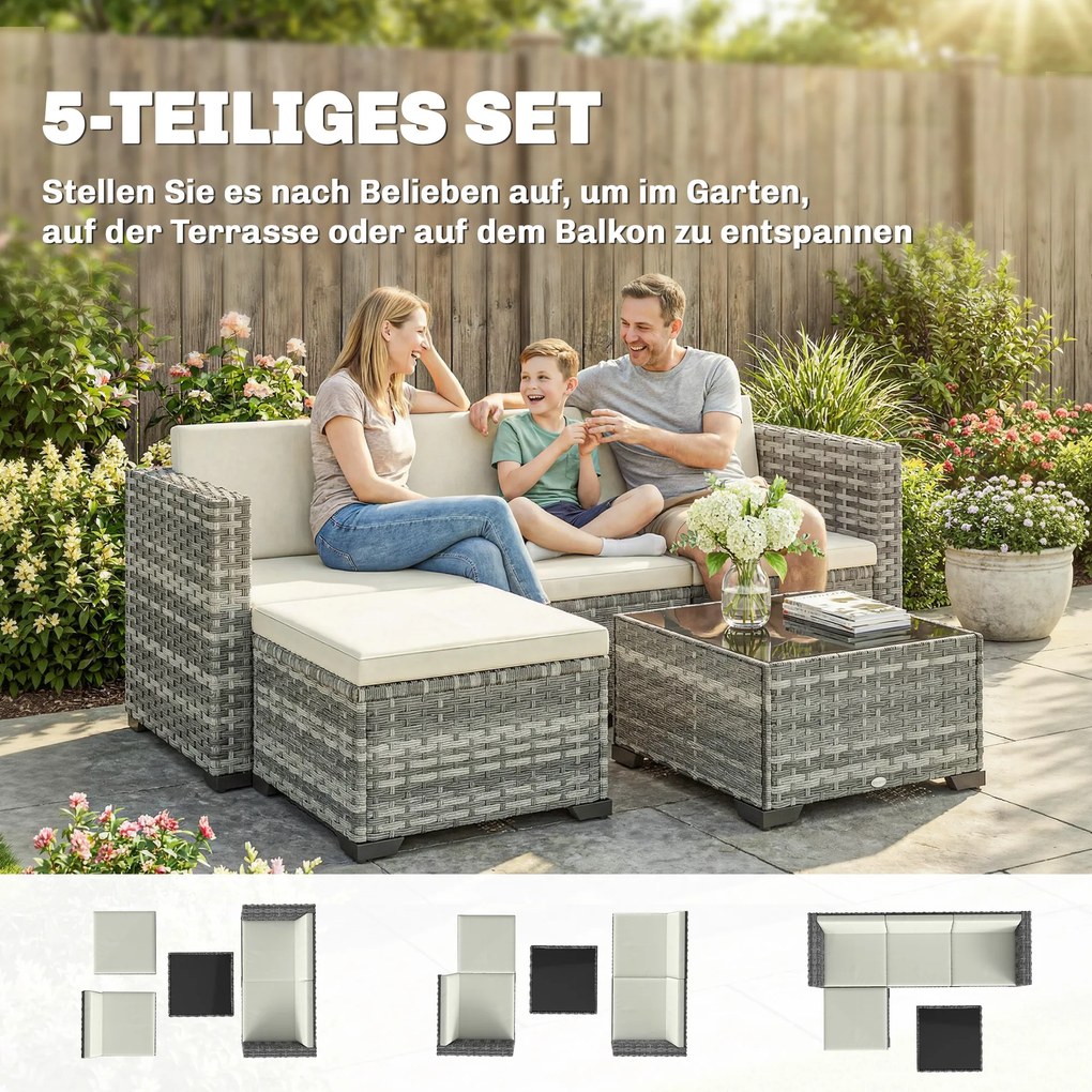 Polyratanový zahradní nábytek 5dílný, lounge set s rohovou pohovkou s taburetem, sedákem a opěrnými polštáři šedý+krémově bílý