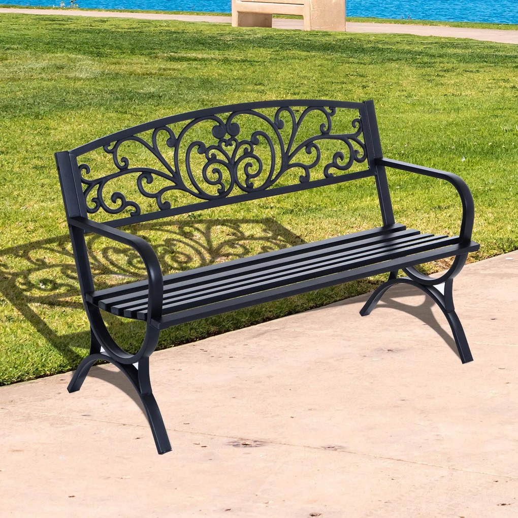 Outsunny dvoumístná zahradní lavička 240 kg nosnost, vhodná pro vnitřní i venkovní použití 127x60x85 cm černá