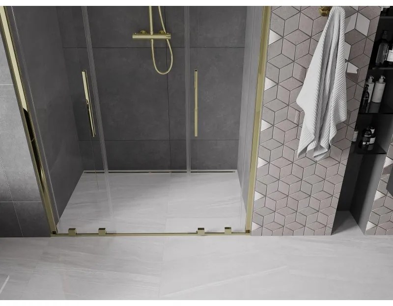 Mexen Velar L Duo, posuvné sprchové dveře do otvoru 160 cm, 8mm čiré sklo, zlatá lesklá, 871-160-003-02-50