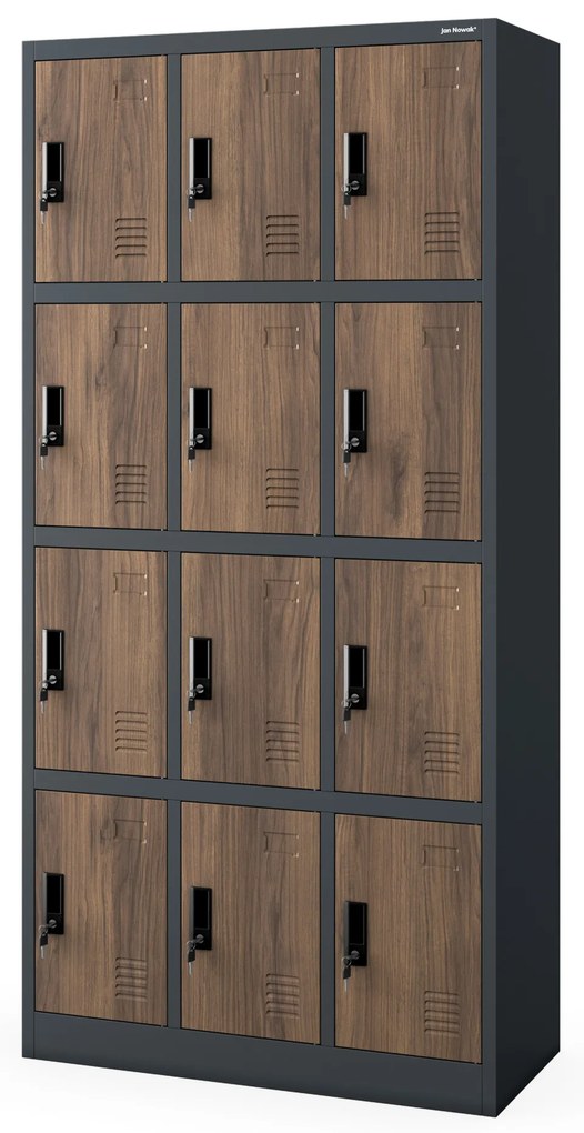 Skříňka pro zaměstnance s 12 uzamykatelnými boxy, bílá antracit/ořech, 900x1850x400 mm: MARCIN Eco Design