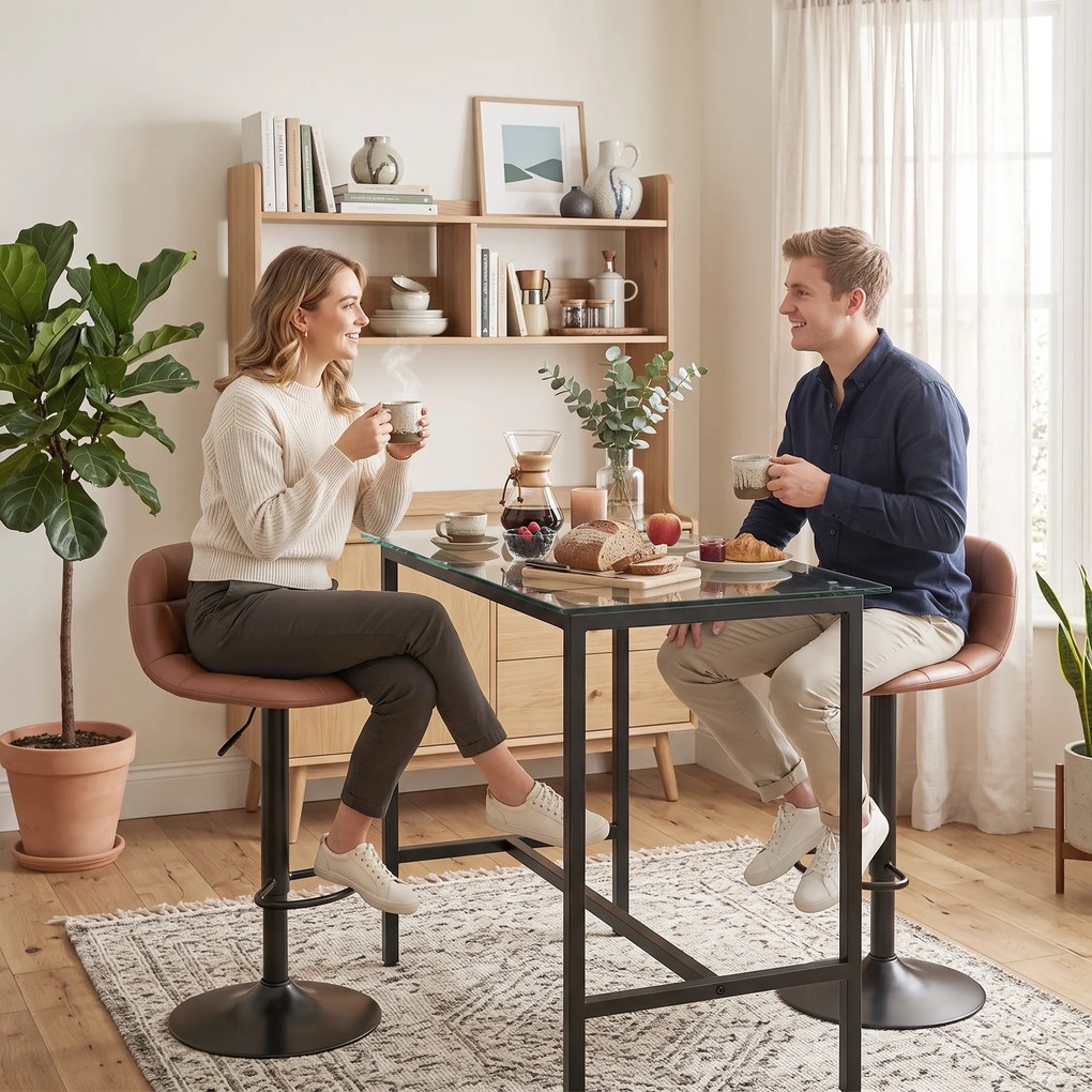 HOMCOM 2dílná sada barových židlí z PU kůže, retro-průmyslový styl, výškově nastavitelná, otočná o 360°, 40x41,5x76-98cm, tmavě hnědá