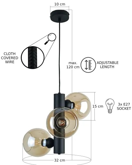 Lustr na lanku TUBE 3xE27/60W/230V černá/kouřová béžová