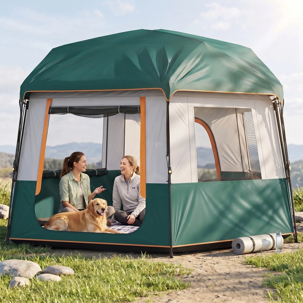 Outsunny rodinný stan pro 4–6 osob — voděodolný 3000 mm, odnímatelný vršek pro pozorování hvězd, UV30+ — zelený
