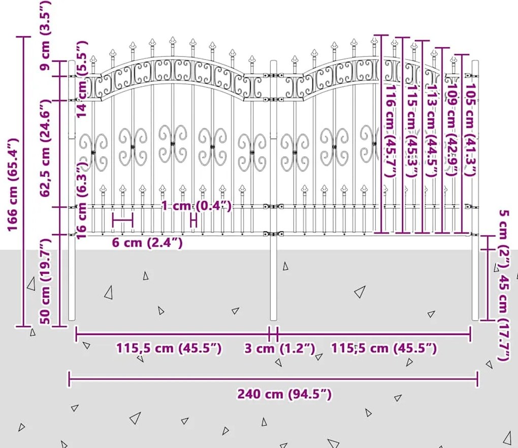 Zahradní plot KAMPEN s kopím nahoře černý 240 x 125 cm ocelový 151086