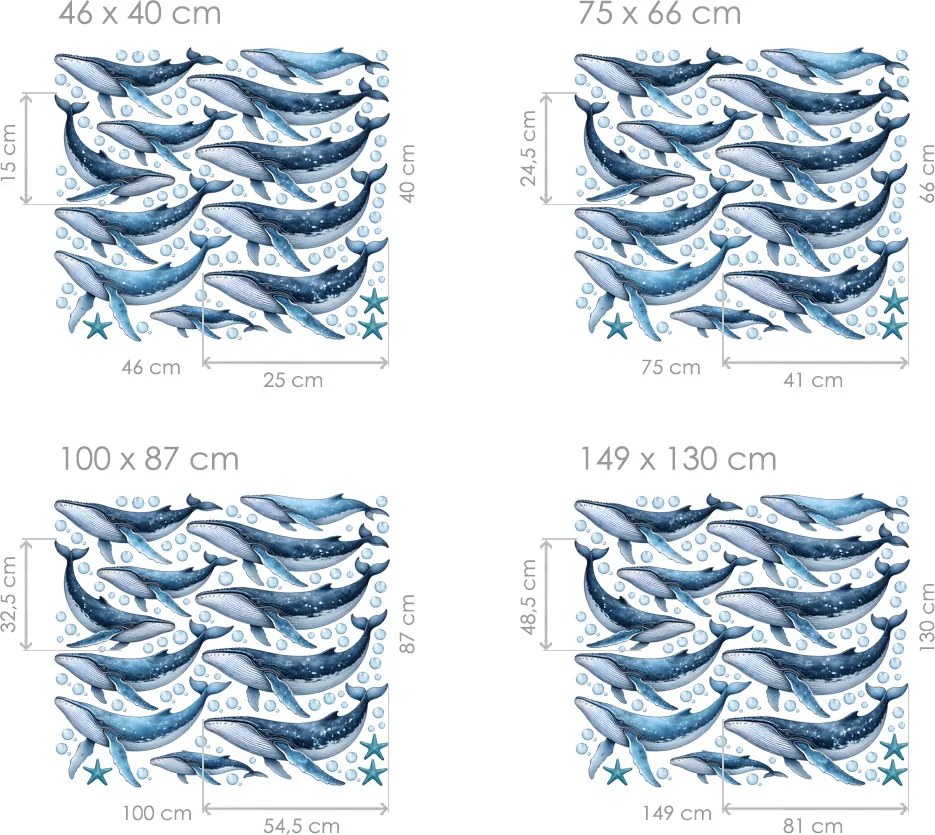 Velryby textilní přelepitelné samolepky na zeď arch 46 x 40 cm