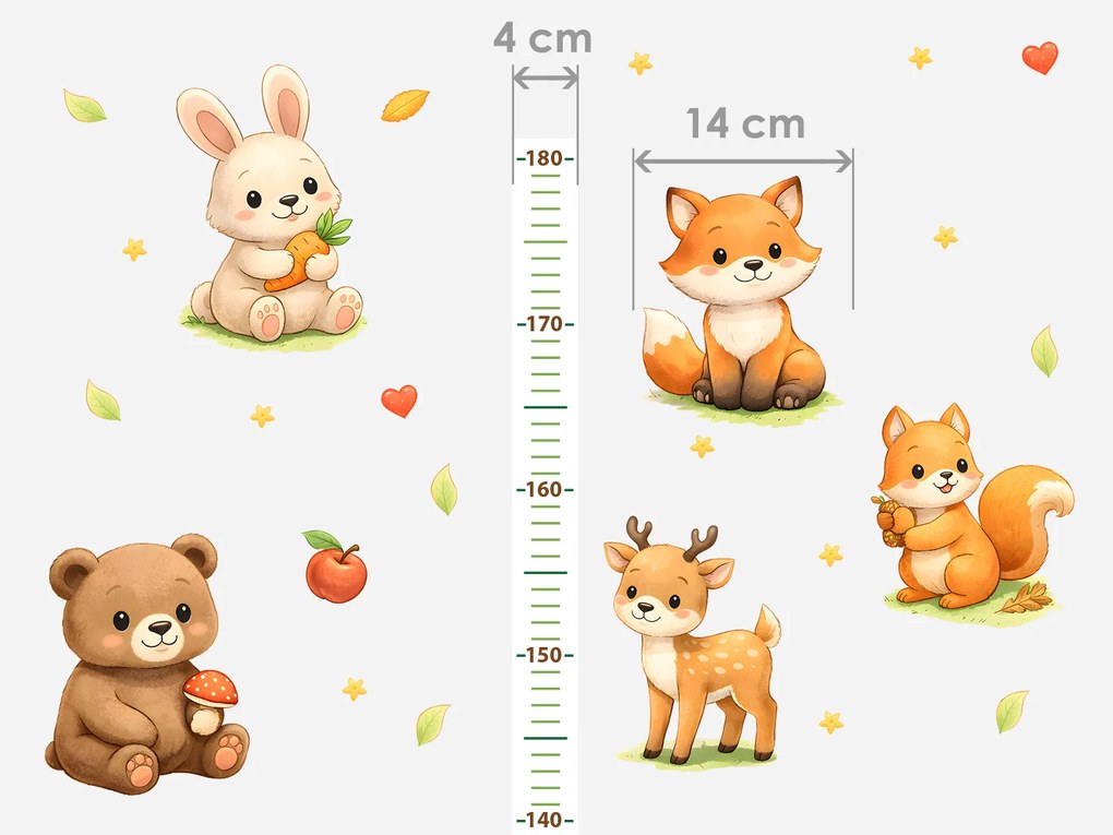 Metr lesní zvířátka textilní přelepitelné samolepky na zeď výška 160 cm
