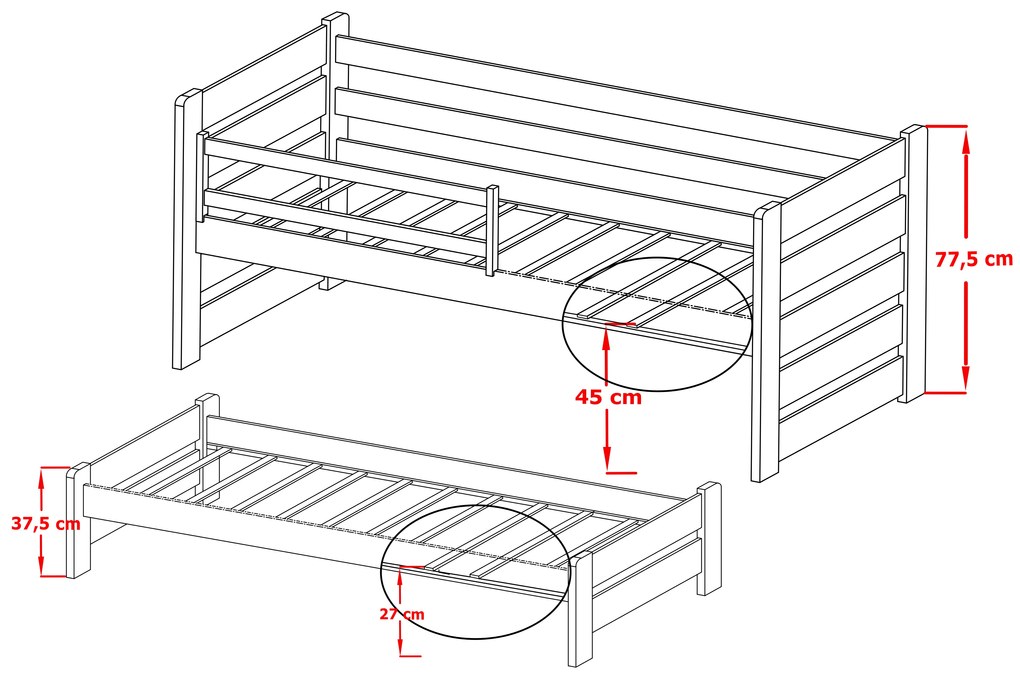 Dětská postel z masivu borovice SANDRA s přistýlkou a šuplíky - 200x90 cm - BÍLÁ