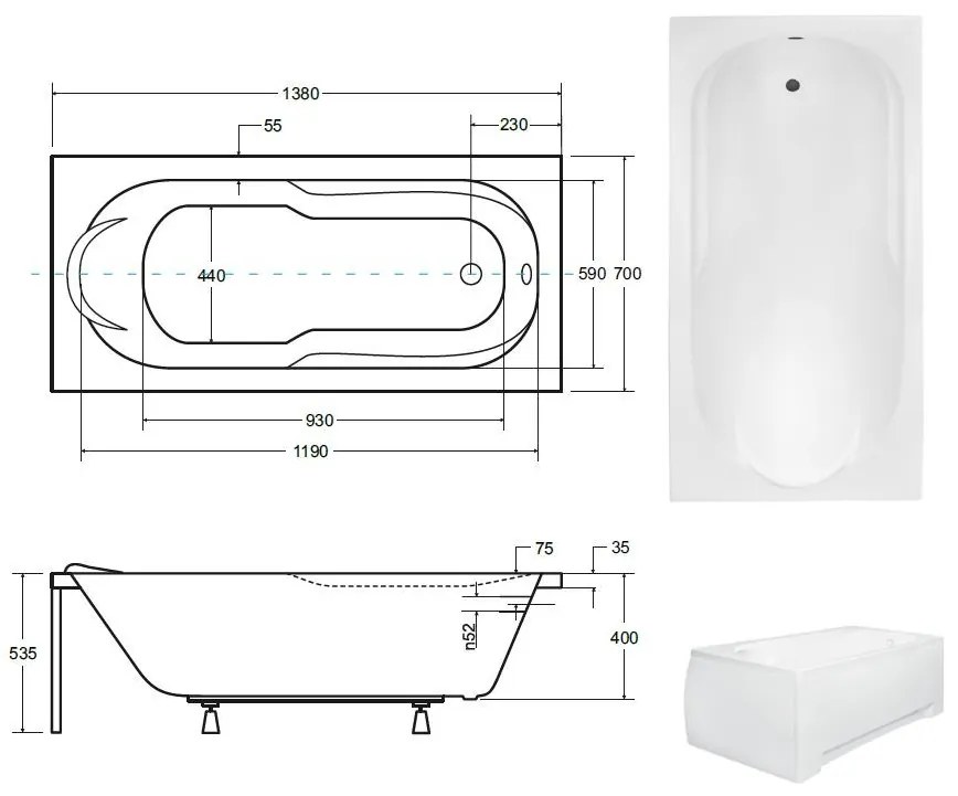 BESCO Obdélníková vana VINDOBONA Nožičky k vaně - Bez nožiček, Rozměr vany - 160 × 70 cm - OLVVIN16