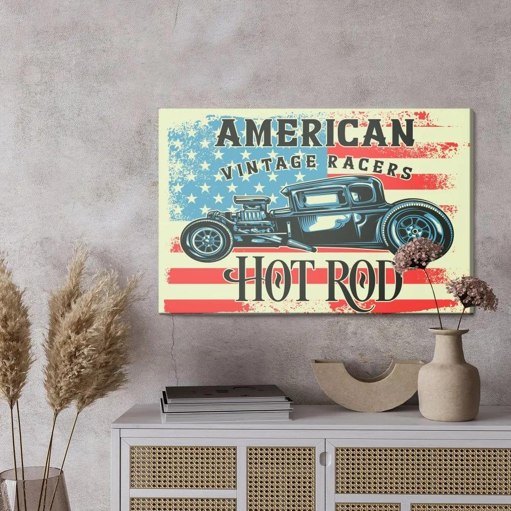 Obraz Staré Auto Na Pozadí Americké Historické Vlajky Nedostatek Nedostatek Přírodní plátno 90x60