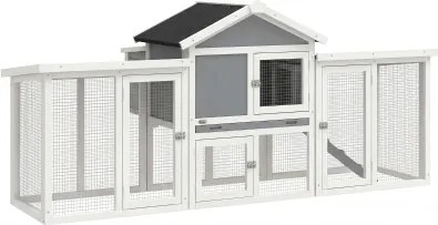 Slepičí kurník/králičí kurník PawHut model Chalet, multifunkční: rampy, hnízda, odkapávací miska, z masivního dřeva 204 x 85 x 93 cm, šedá