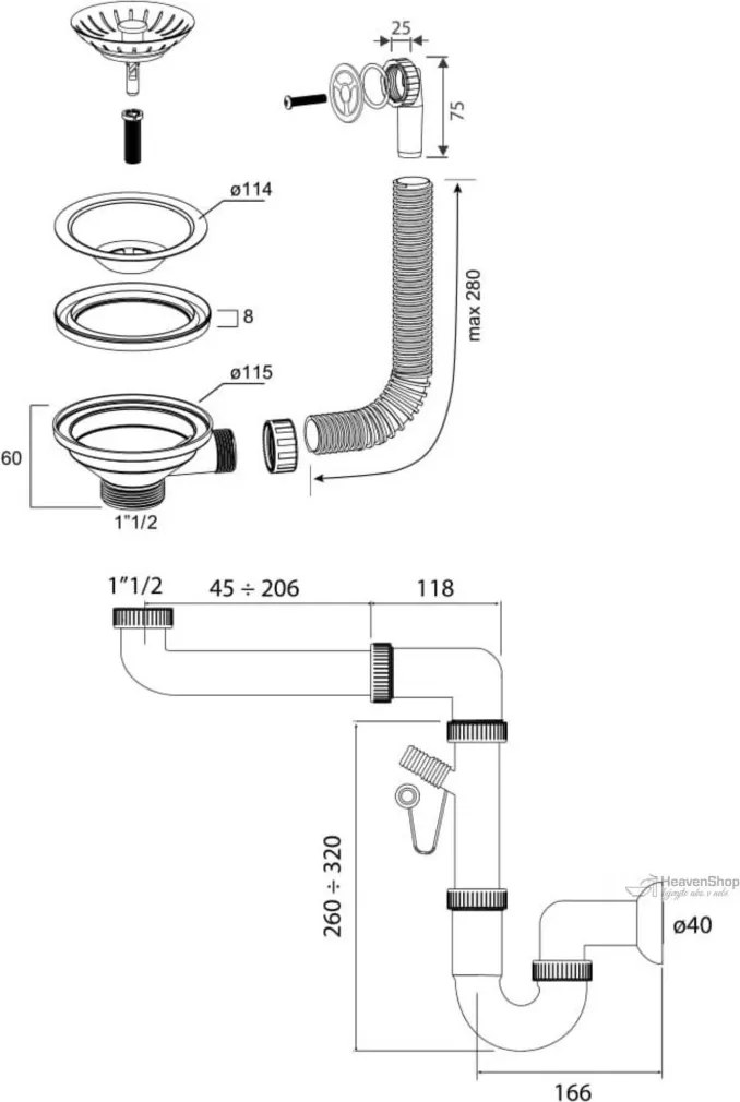 Gamma Gamma, 1-komorový manuální sifon pro granitové a nerezové dřezy, šedá, GMA-1M11GI-PP