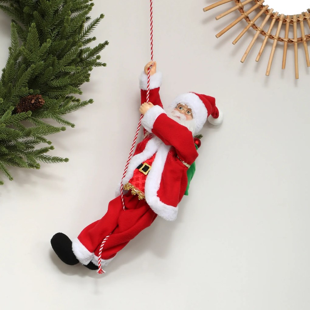 HOMCOM Santa Claus 60 cm zpívající a lezoucí Santa Claus s dárkem, lanová zvuková funkce do interiéru, červený