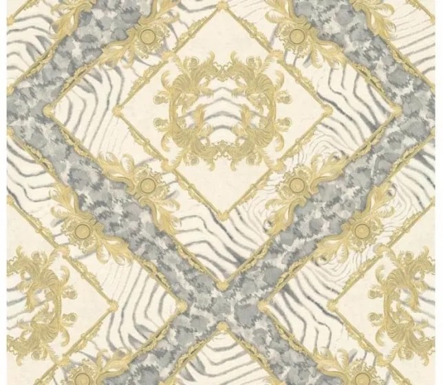 34904-2 tapety na zeď Versace 3 | 0,70 x 10,05 m | žlutá, krémová, šedá, metalická