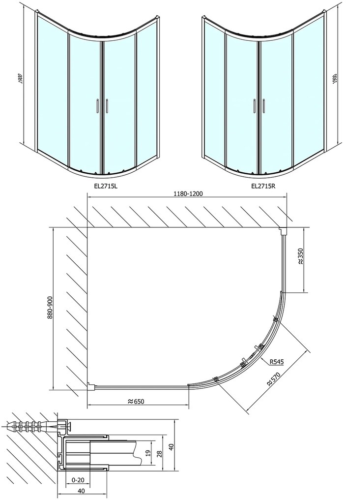 Polysan EASY LINE čtvrtkruhová sprchová zástěna 1200x900mm, L/R, čiré sklo, EL2715