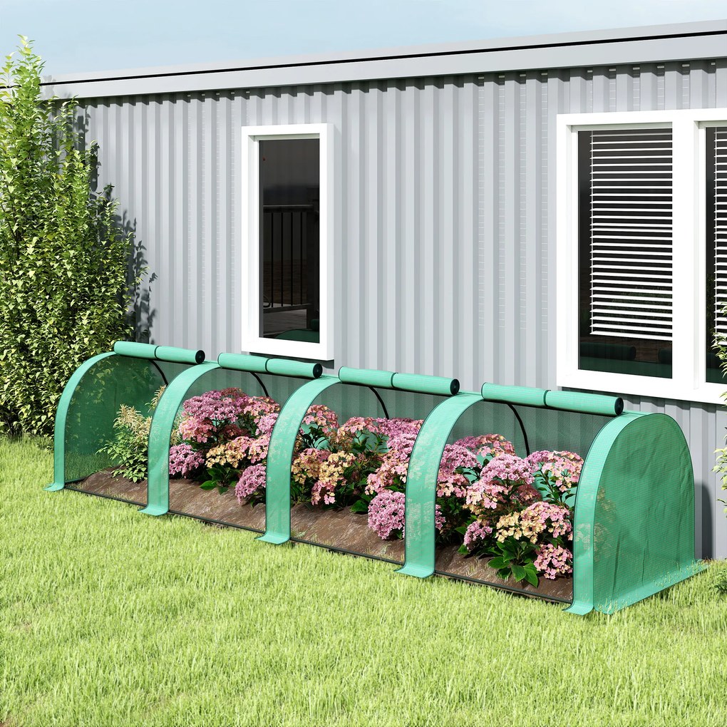 Mini skleník Outsunny - mini tunelový skleník pro pěstování rajčat 4 x 1 x 0,8 m, ocel, vysokohustotní PE 140 g/m², proti UV, 4 dveře s rolovacím zip…