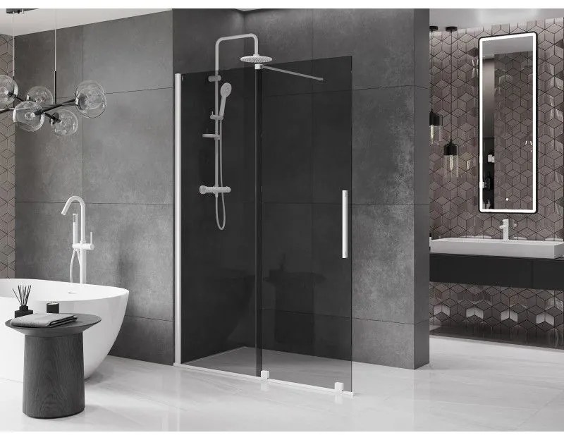 Mexen Velar, sprchová zástěna s posuvnými dveřmi Walk-in 140 x 200 cm, 8mm šedé sklo, bílá matná, 871-140-000-43-20