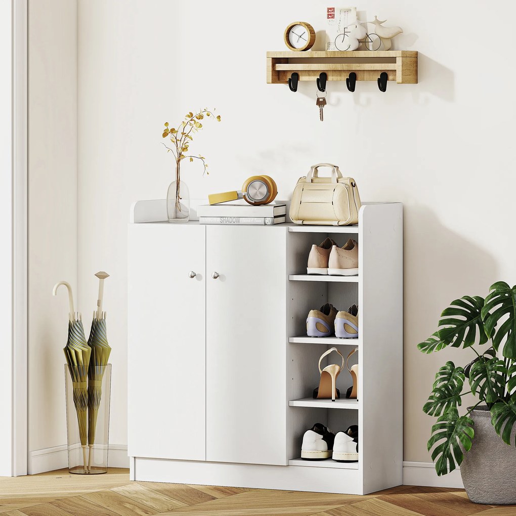 HOMCOM botník komoda se 2 dvířky a 4 přihrádkami do předsíně v bílé barvě 83x30x90 cm, úsporný a moderní |