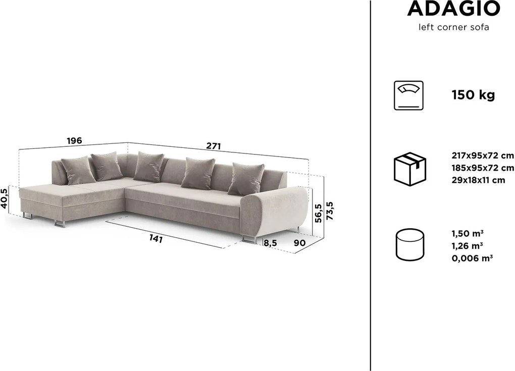 KOOKO HOME Rohová rozkládací sametová pohovka s úložným prostorem Adagio XL levý roh