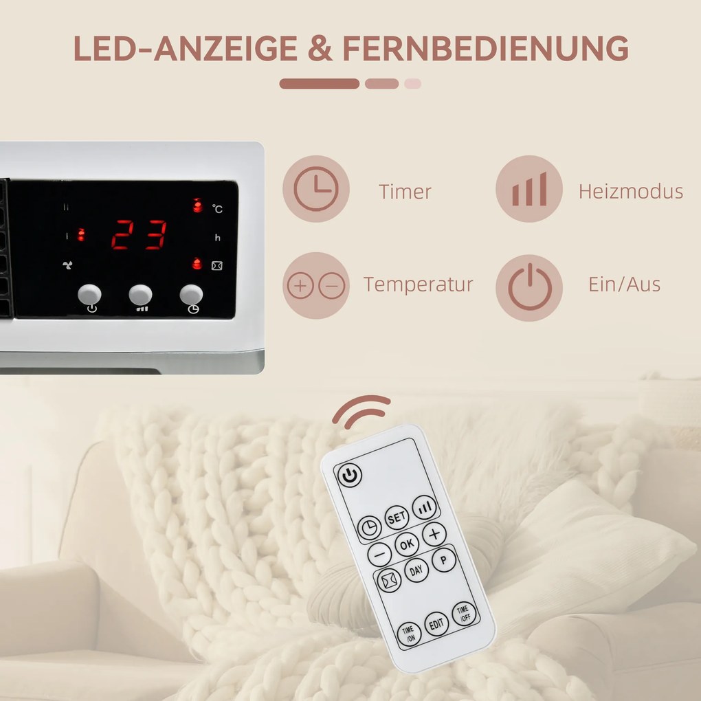 HOMCOM Topný ventilátor na stěnu 2000W s dálkovým ovládáním, 2 topné režimy, LED displej, 12hodinový časovač pro koupelnu 820-254