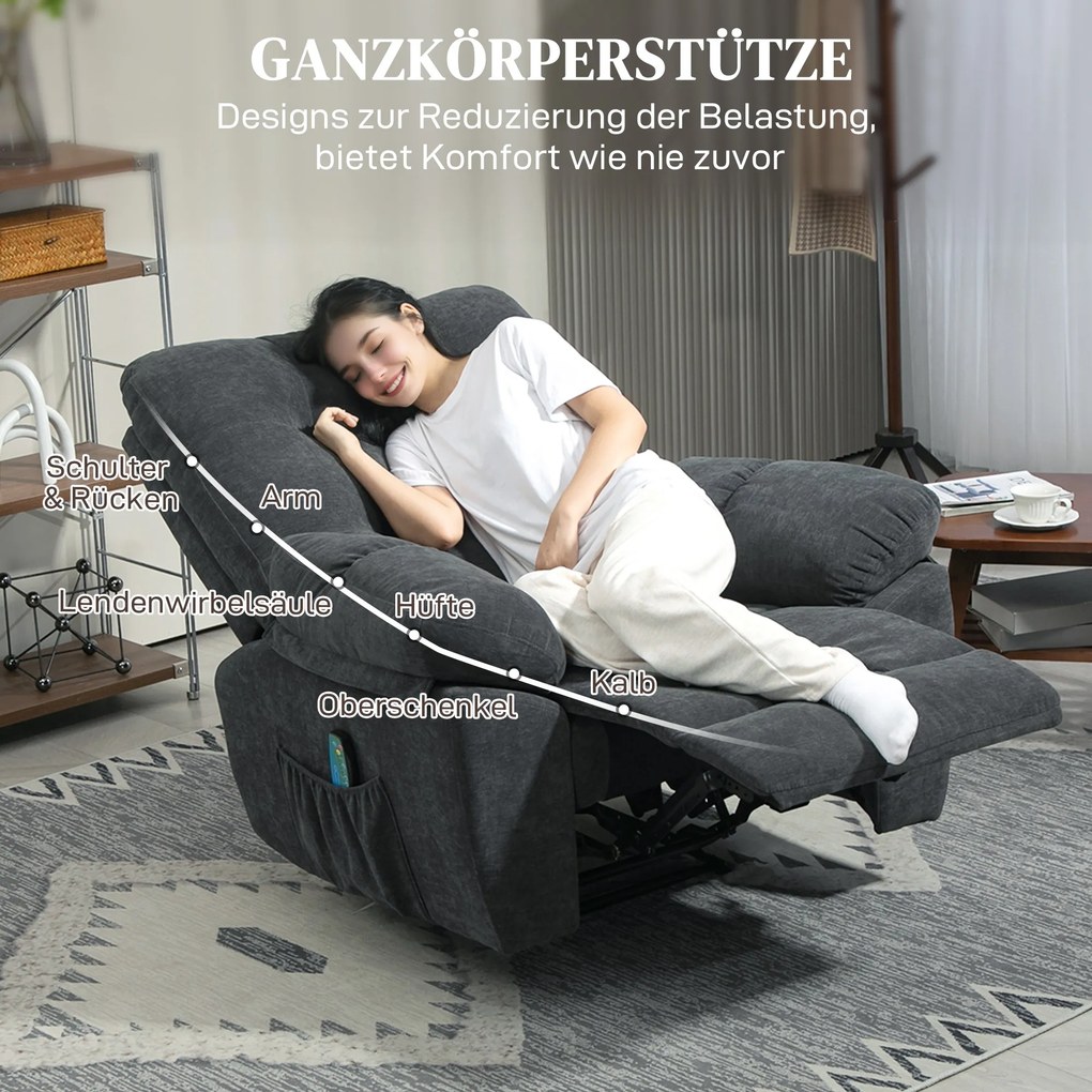 HOMCOM Relaxační křeslo, masážní čalouněné křeslo s 8 vibračními body, nastavitelná podnožka, boční kapsa, opěradlo, šedá