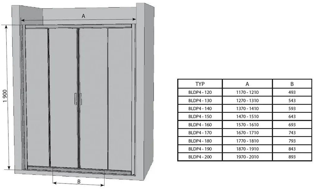 Ravak Sprchové dveře posuvné čtyřdílné 180 cm satin,     BLDP4-180  TRANSPARENT   0YVY0U00Z1 Profil: Bílá, Sklo: Hladké čiré
