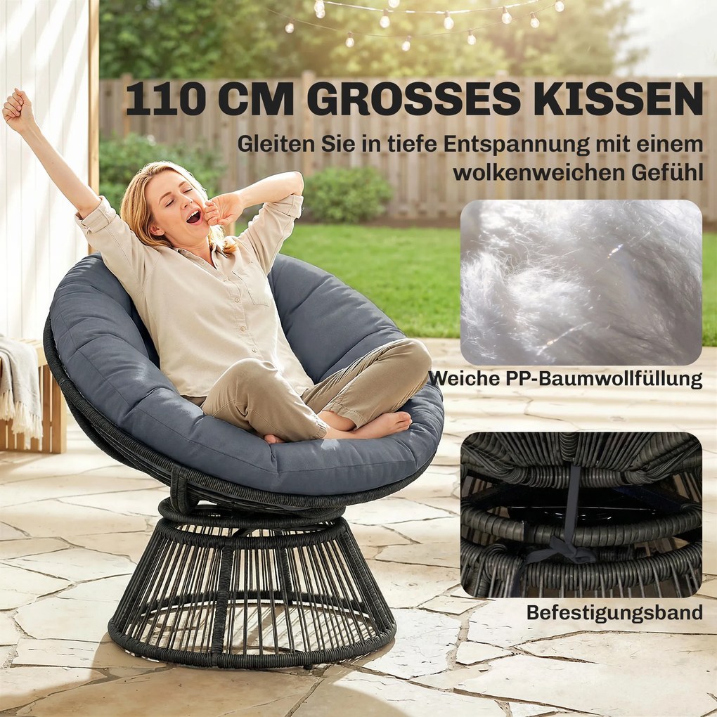 Křeslo Papasan 360° otočné proutěné křeslo s polštářem ocelový rám kulaté ratanové křeslo lounge křeslo šedé